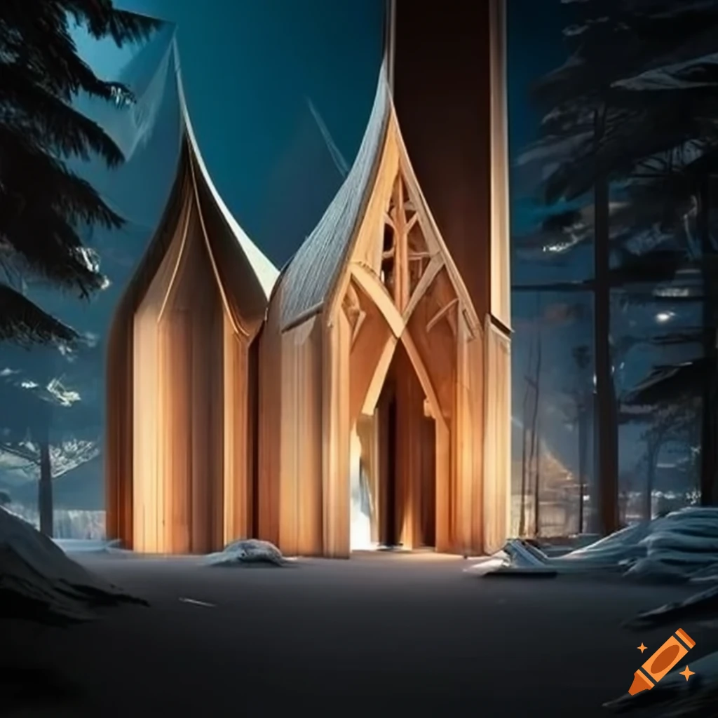 Illusory precision wooden cabin in a cathedral-like design on Craiyon