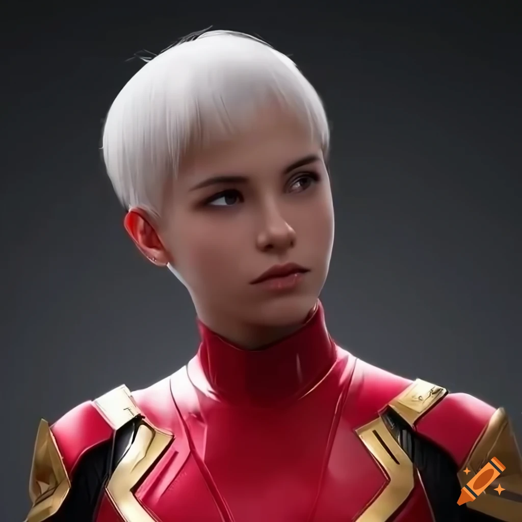 Portrait of a futuristic teen female with red and gold armor on Craiyon
