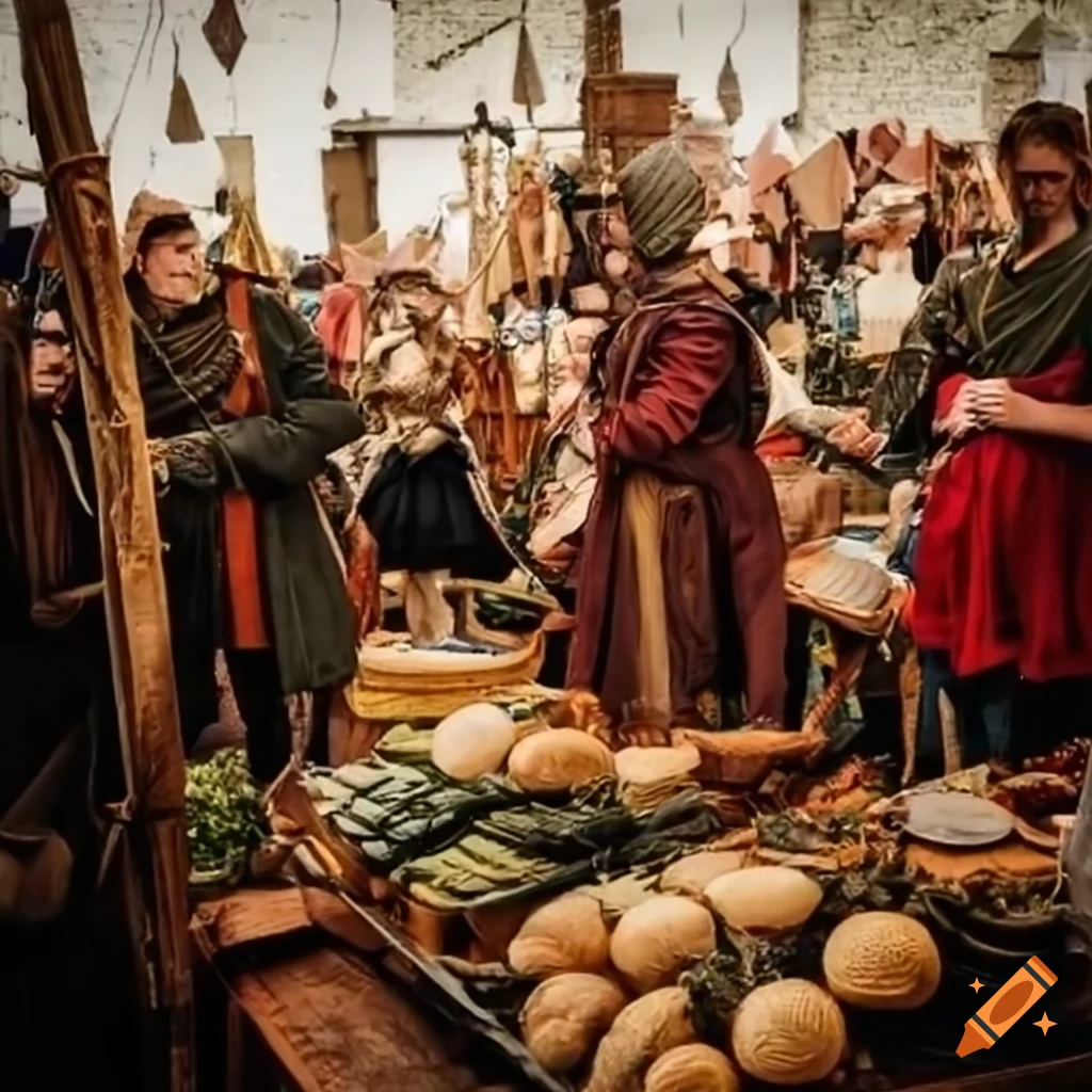 Crowded medieval market scene