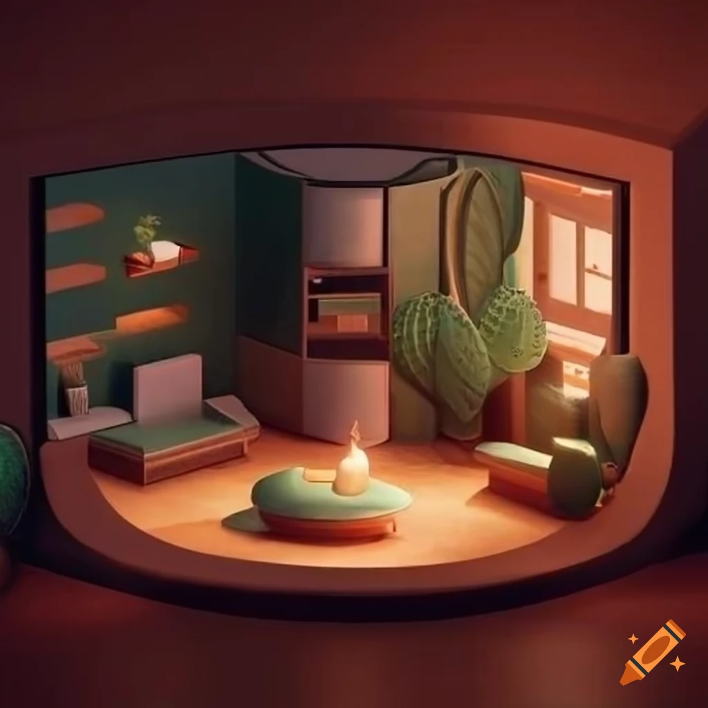 Isometric cozy living room inspired by cacti and geodes on Craiyon