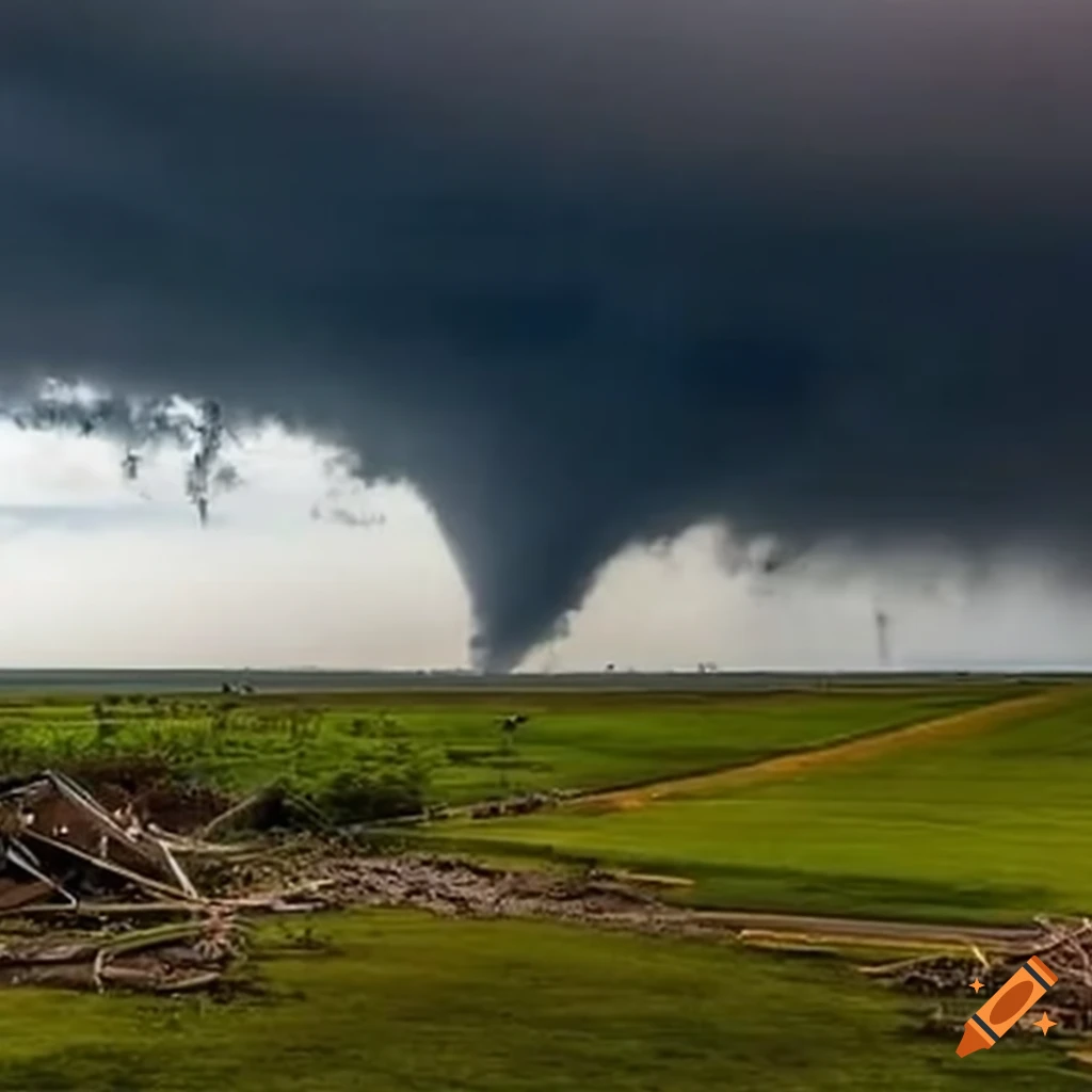 Massive ef5 wedge tornado striking the plains with dark sky on Craiyon