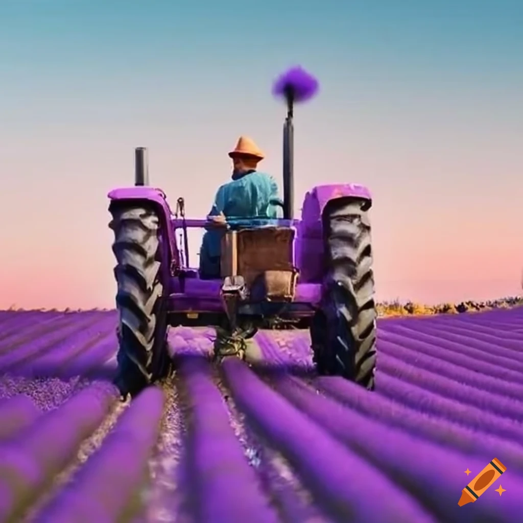 Drawing of a farmer in a lavender field with a tractor on Craiyon