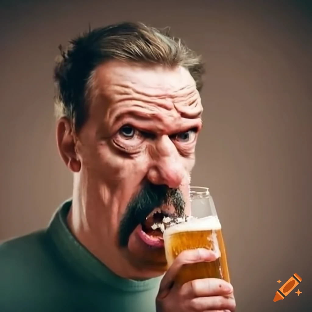 Man with moustache expressing disgust with beer on Craiyon