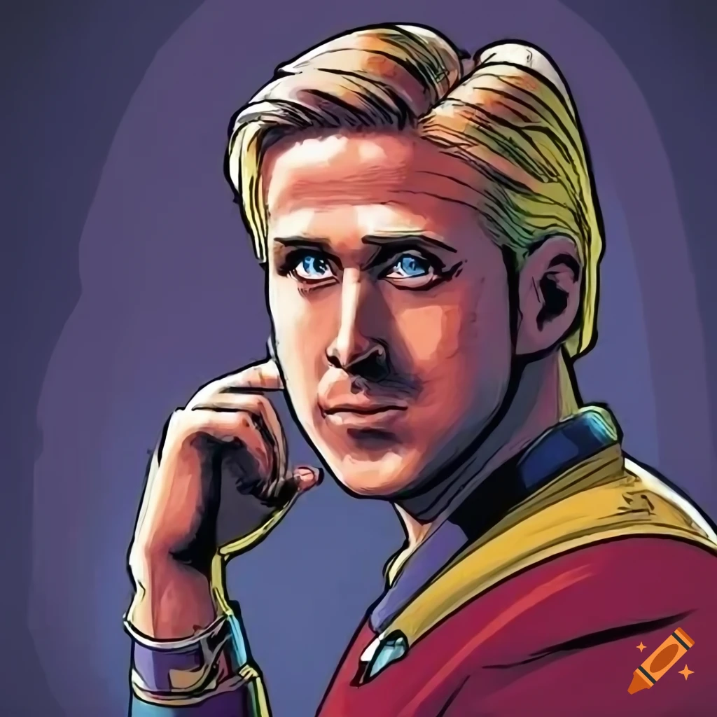 Pulp comic style artwork of Ryan Gosling in the captain's chair of the ...