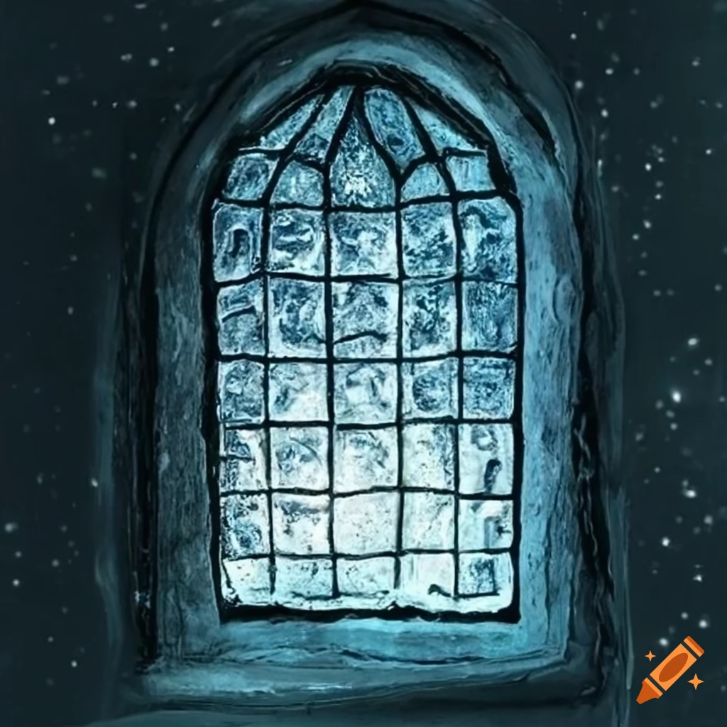 Paned window with snow-flecked crystalline design