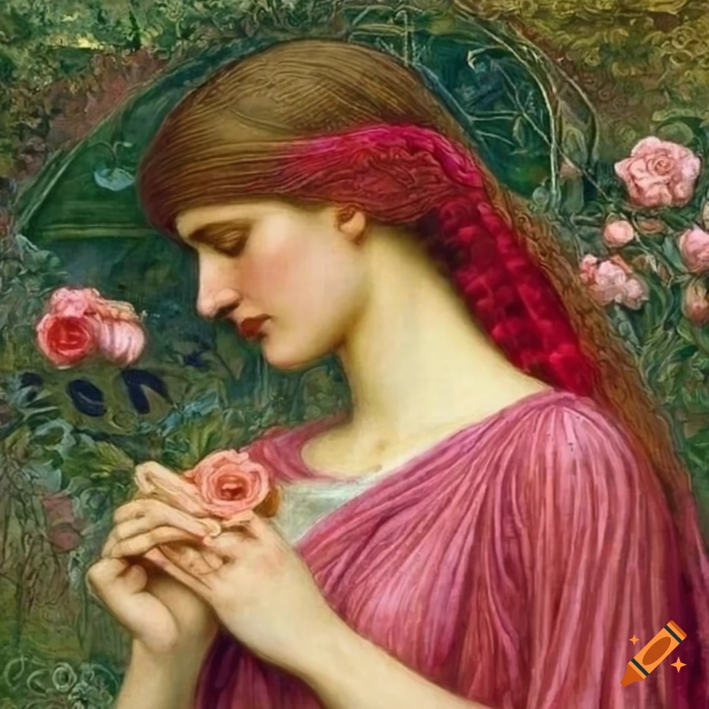 Detailed pre-raphaelite style artwork of a beautiful woman with red ...