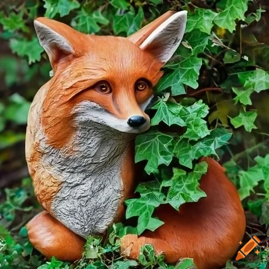 Ivy-covered fox statue in a garden on Craiyon