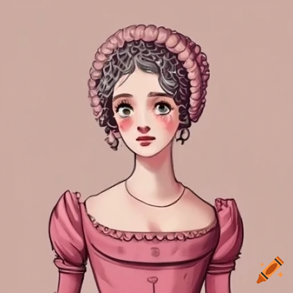 Cartoon illustration of a young lady in a regency bonnet on Craiyon