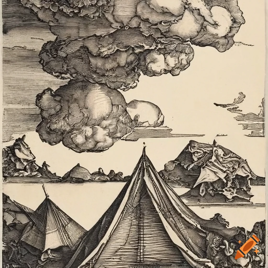 Engraved artwork of flying tents in stormy weather on Craiyon