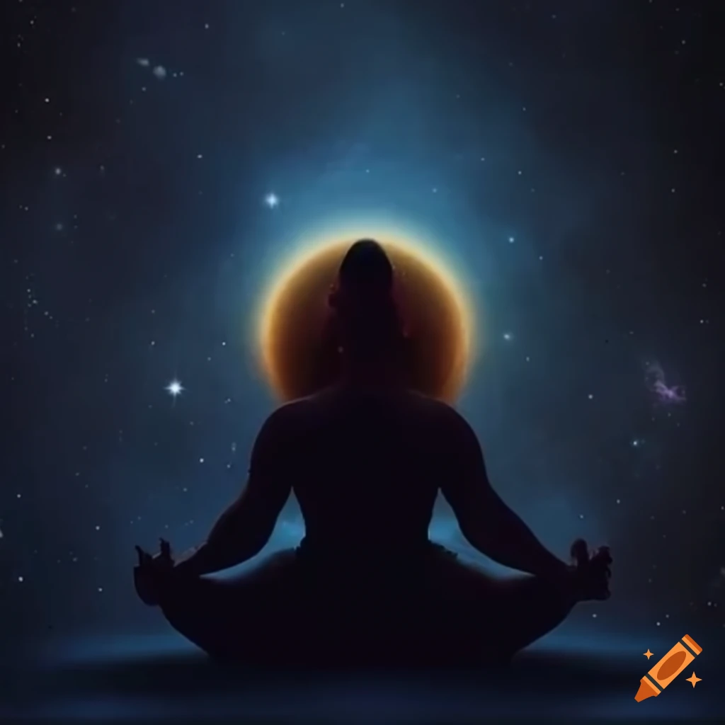 Man meditating in space with black hole and galaxy