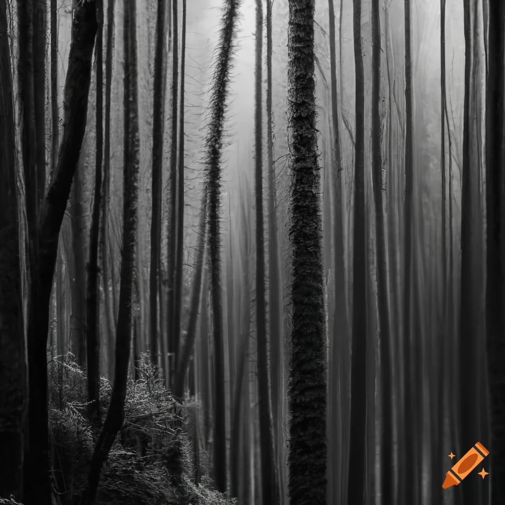 Black and white coniferous forest with fuzzy lines