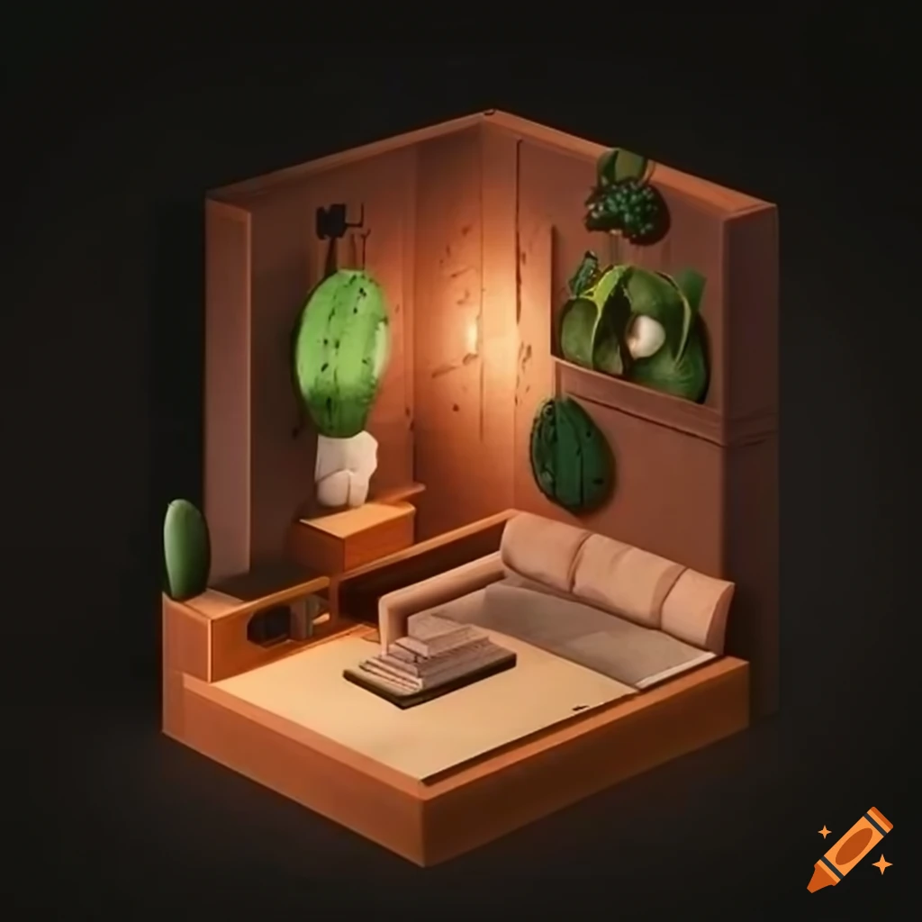 Isometric cozy living room inspired by cacti and geodes on Craiyon