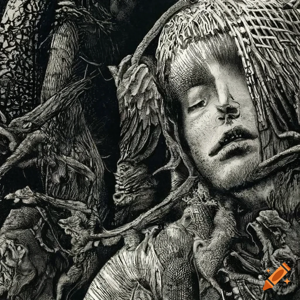 Intricate etching of scarecrows and knights in a surreal scene on Craiyon