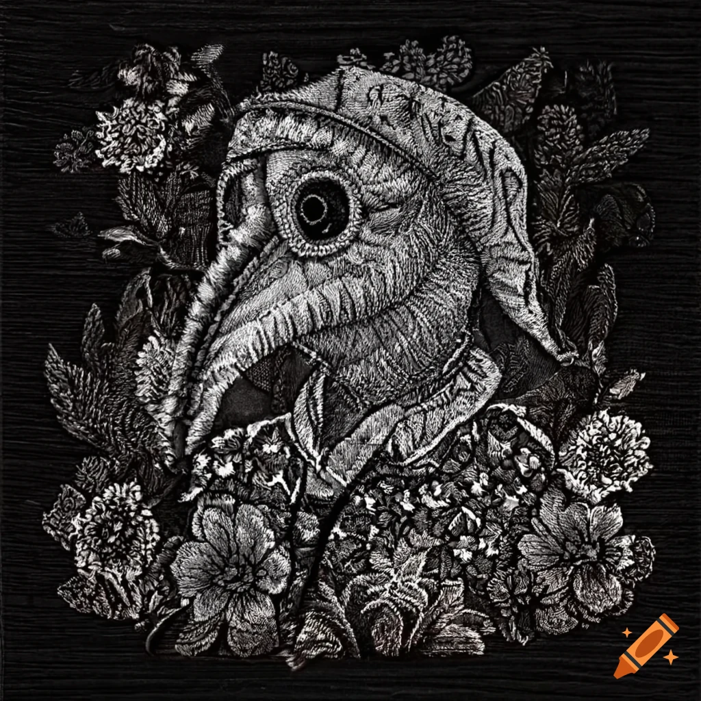 Intricate floral embroidery with a plague doctor design on Craiyon