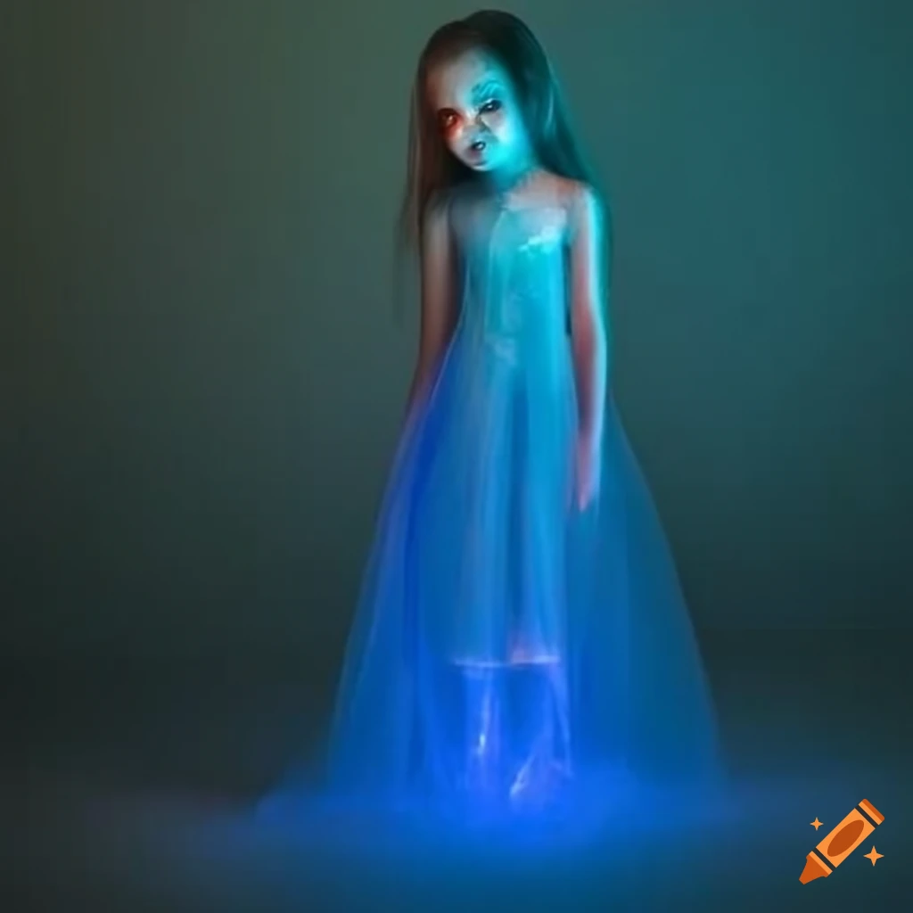 Digital artwork of a transparent blue ghost girl in a dark forest on ...