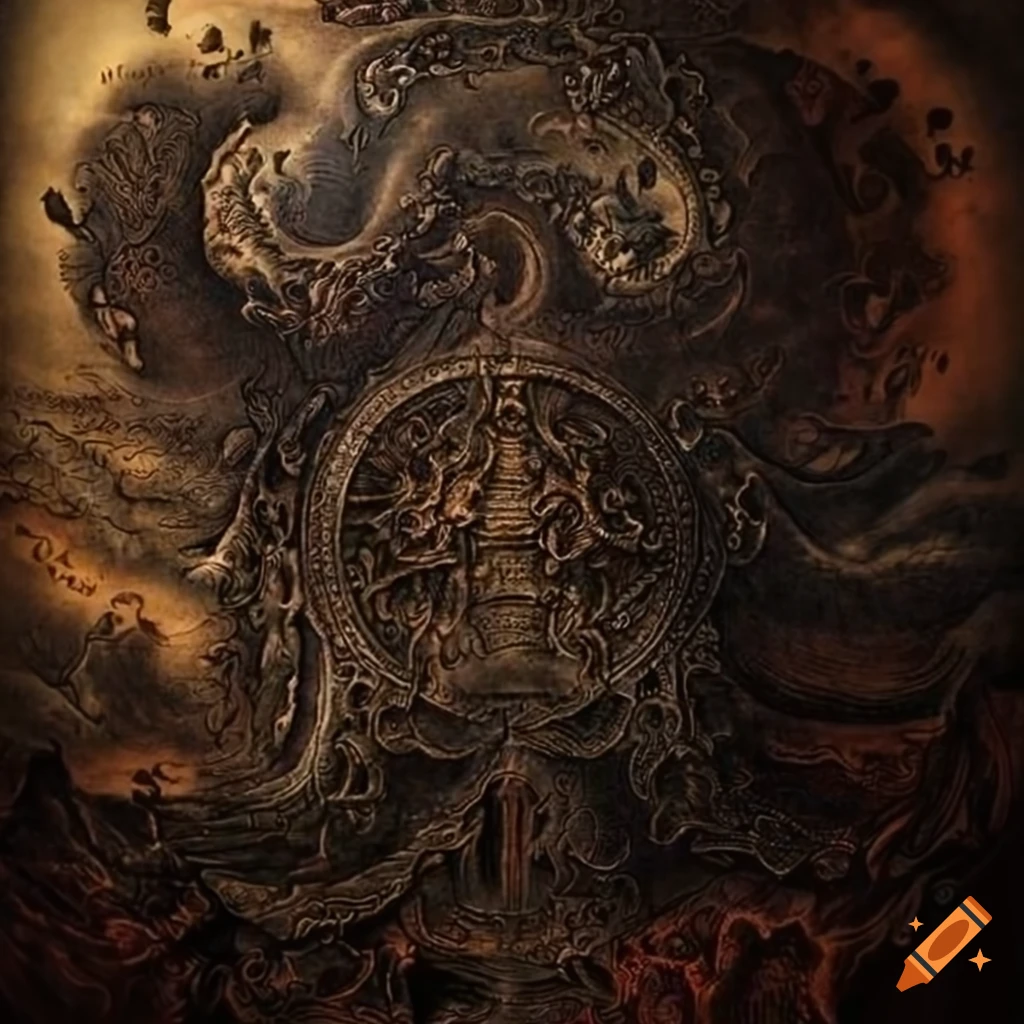 Antique-style fantasy world map with cosmic horror elements on Craiyon