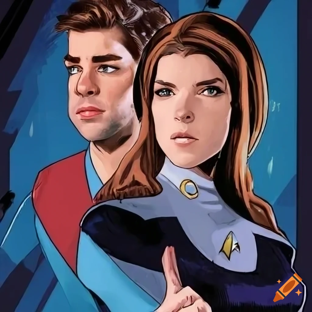 Pulp comic art of John Krasinski and Anna Kendrick as starship captains ...