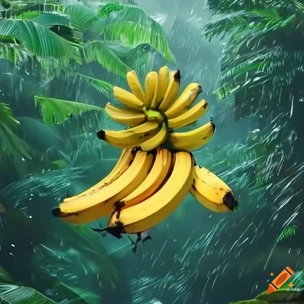 Tropical jungle with bananas falling like rain