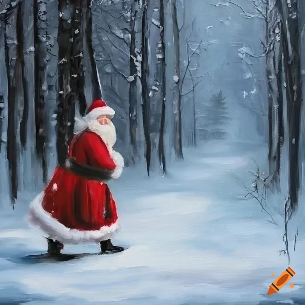 Moody oil painting of santa in the snowy forest on Craiyon