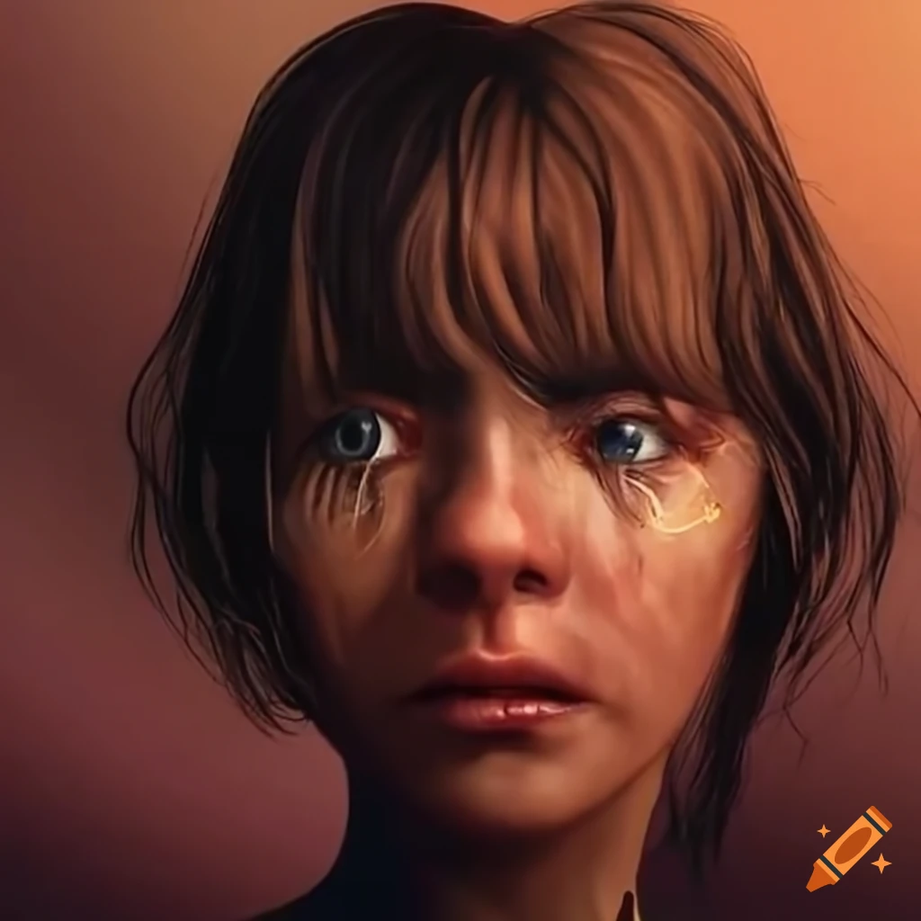 Ethereal beautiful boy with messy brown hair and sad dark eyes in a ...