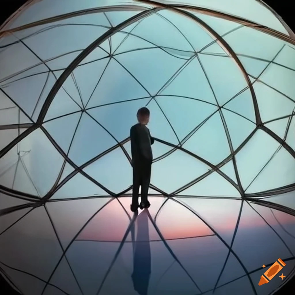 Group of people under an invisible white light dome in an empty field ...