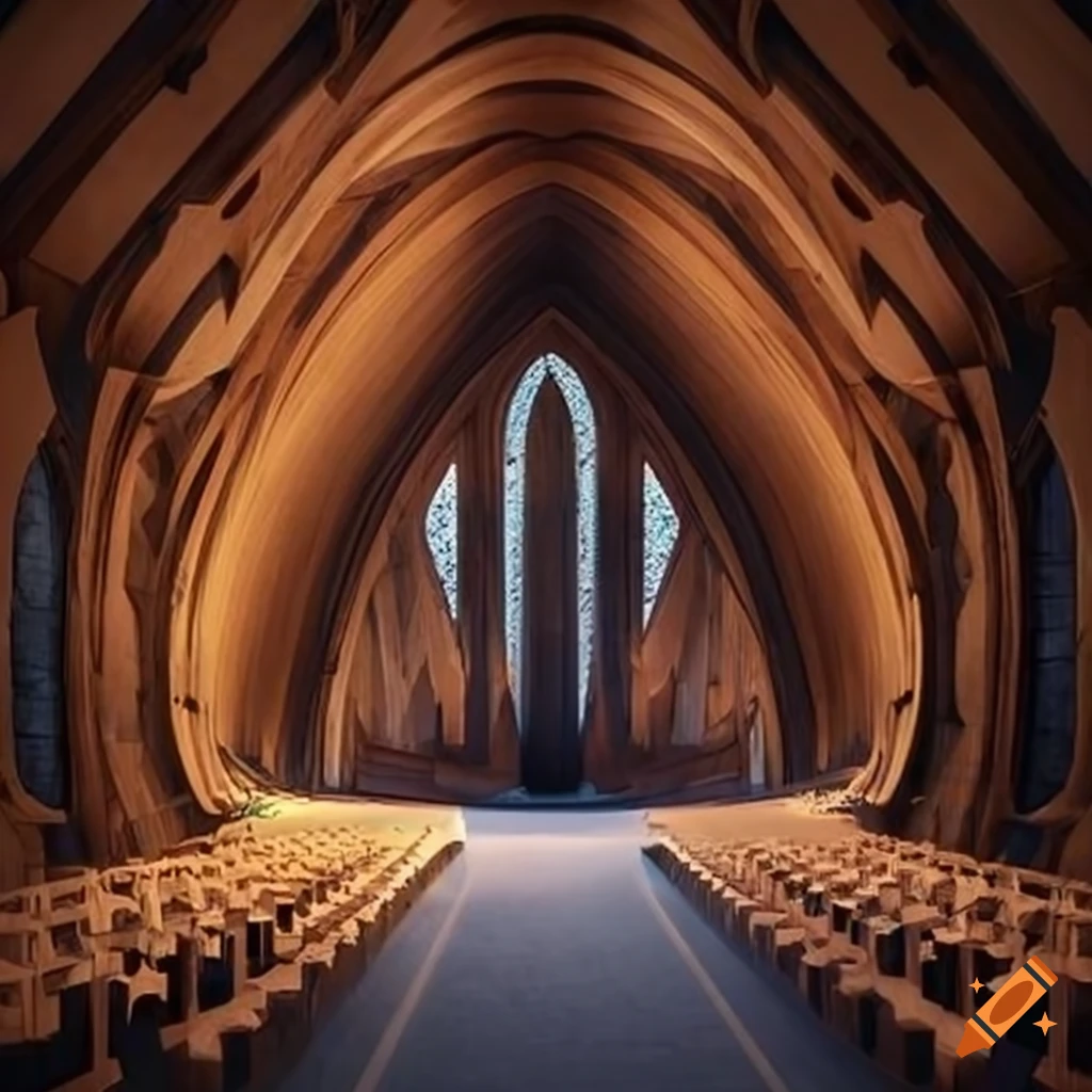 Illusory architecture resembling a cathedral-like cabin on Craiyon