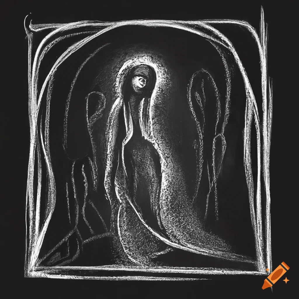 Black and white chalk drawing of a cursed soul
