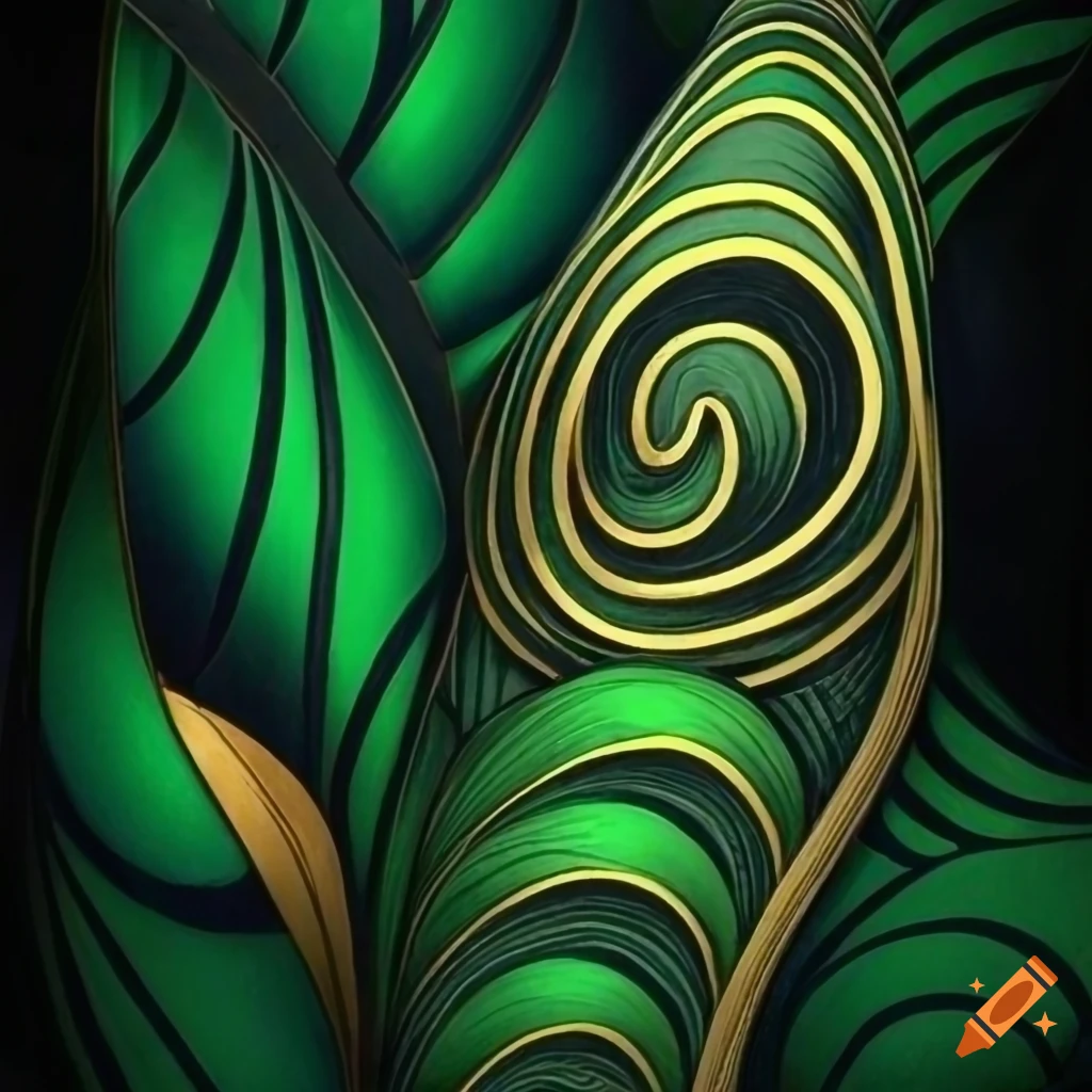 Maori-inspired artwork with green plants and gold accents on Craiyon