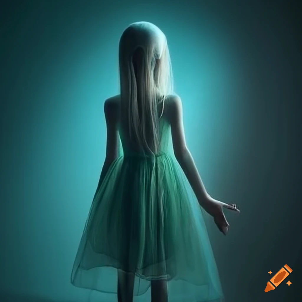 Digital art of a transparent blue ghost girl in a green tattered dress
