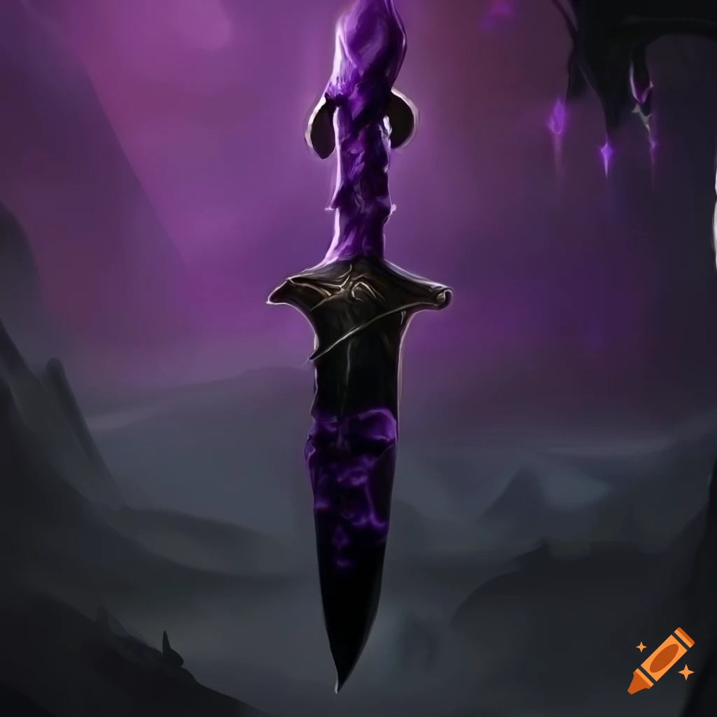 Enchanted obsidian dagger with purple runes on black cloth on Craiyon