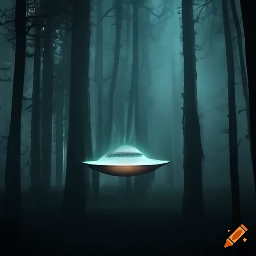 An otherworldly ufo hovering over a dark forest on Craiyon