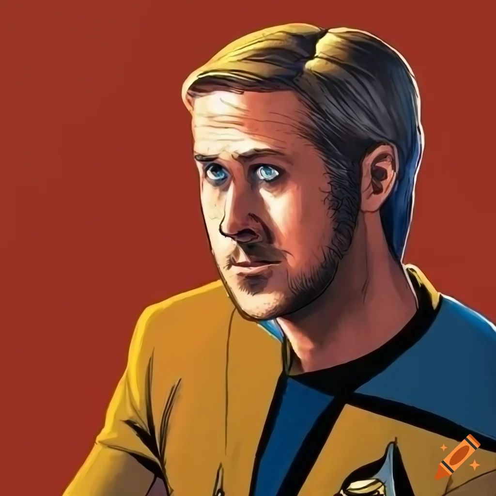 Pulp comic style art of Ryan Gosling in the captain's chair of the ...