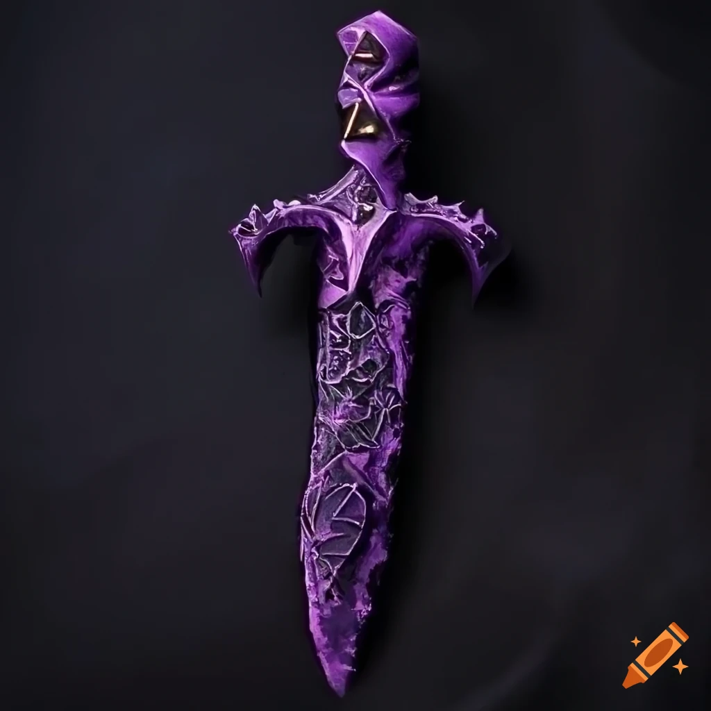 Enchanted obsidian dagger with purple runes on black cloth on Craiyon