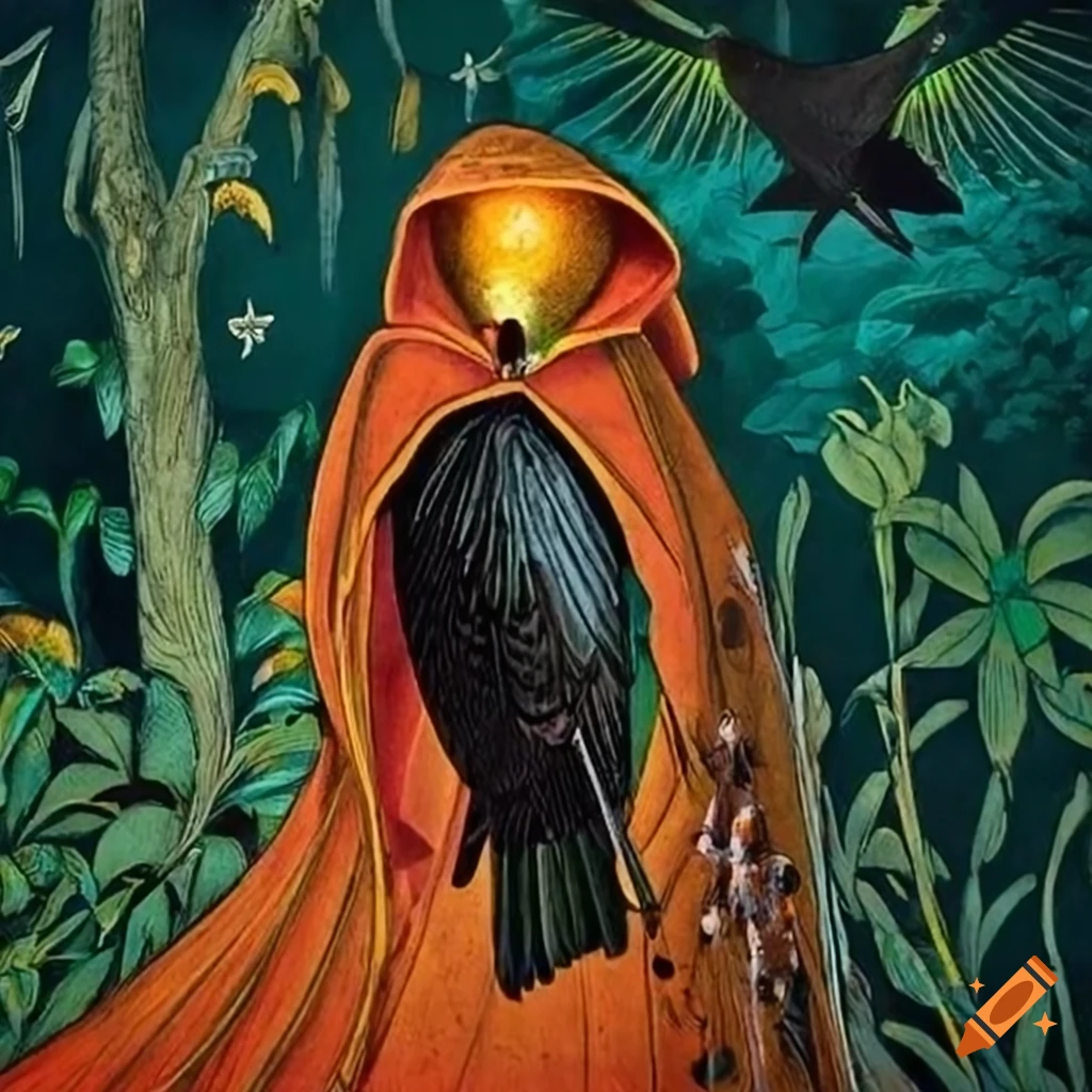 Illustration of a mysterious raven with a peacock feather cloak on Craiyon