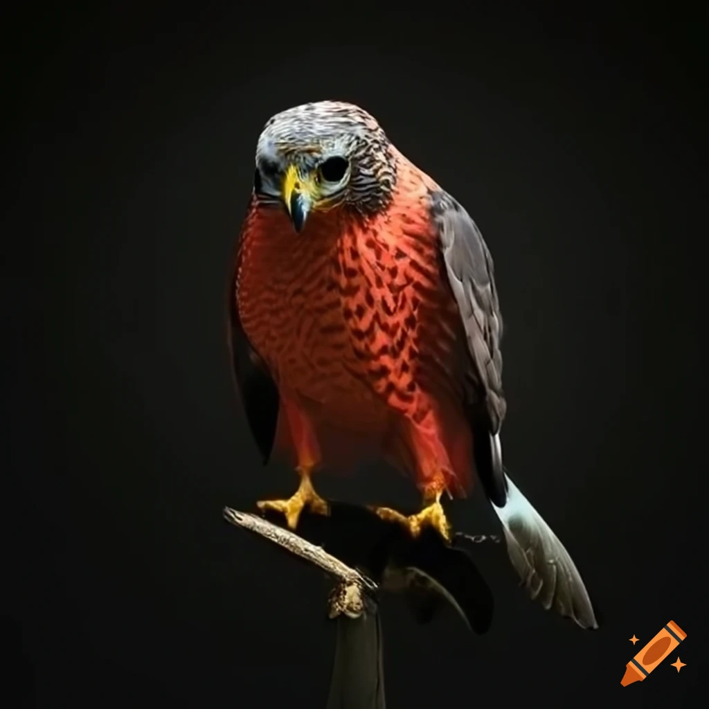 Illustration of a red hawk perched on a skull on Craiyon