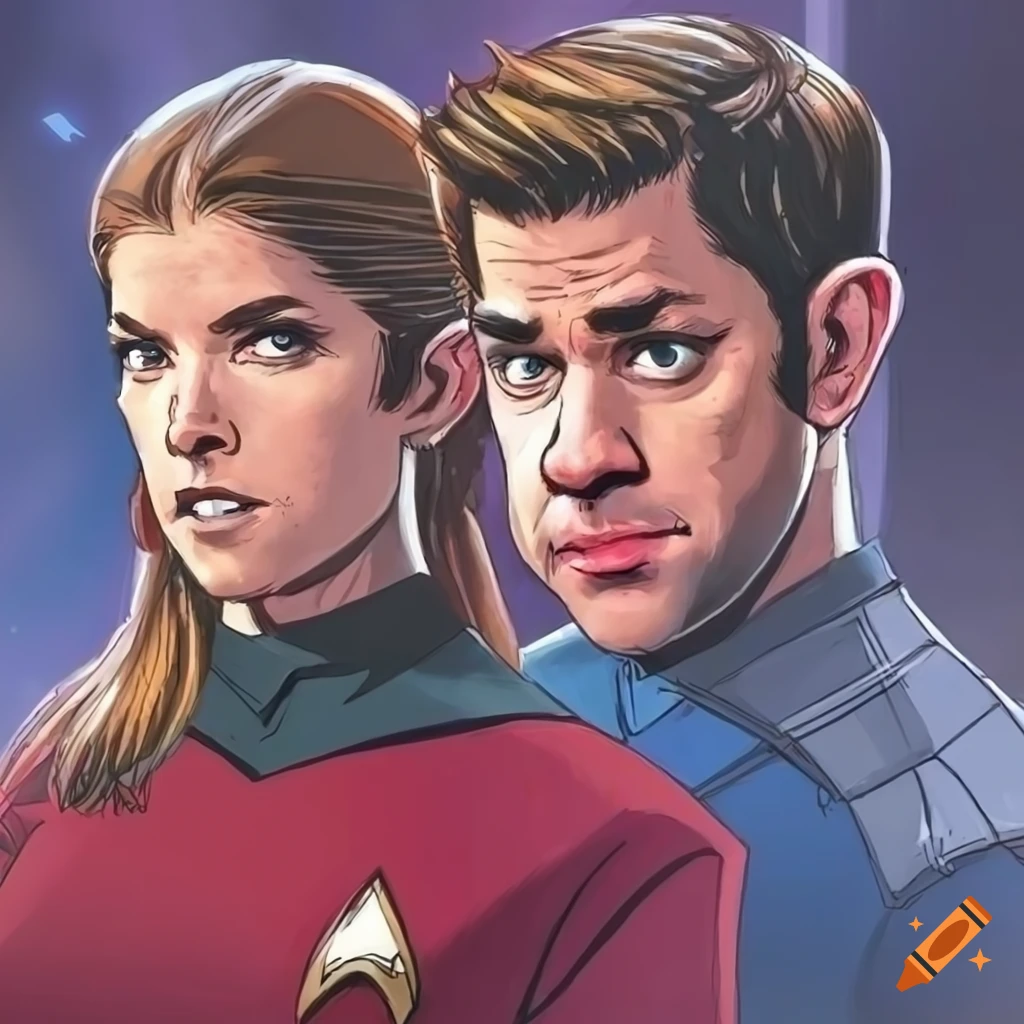 Pulp comic art of John Krasinski and Anna Kendrick as starship captains ...