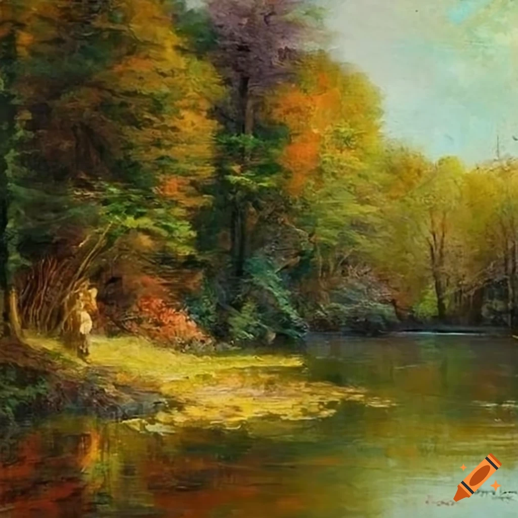 Impressionist oil painting of a hilly forest pond on Craiyon