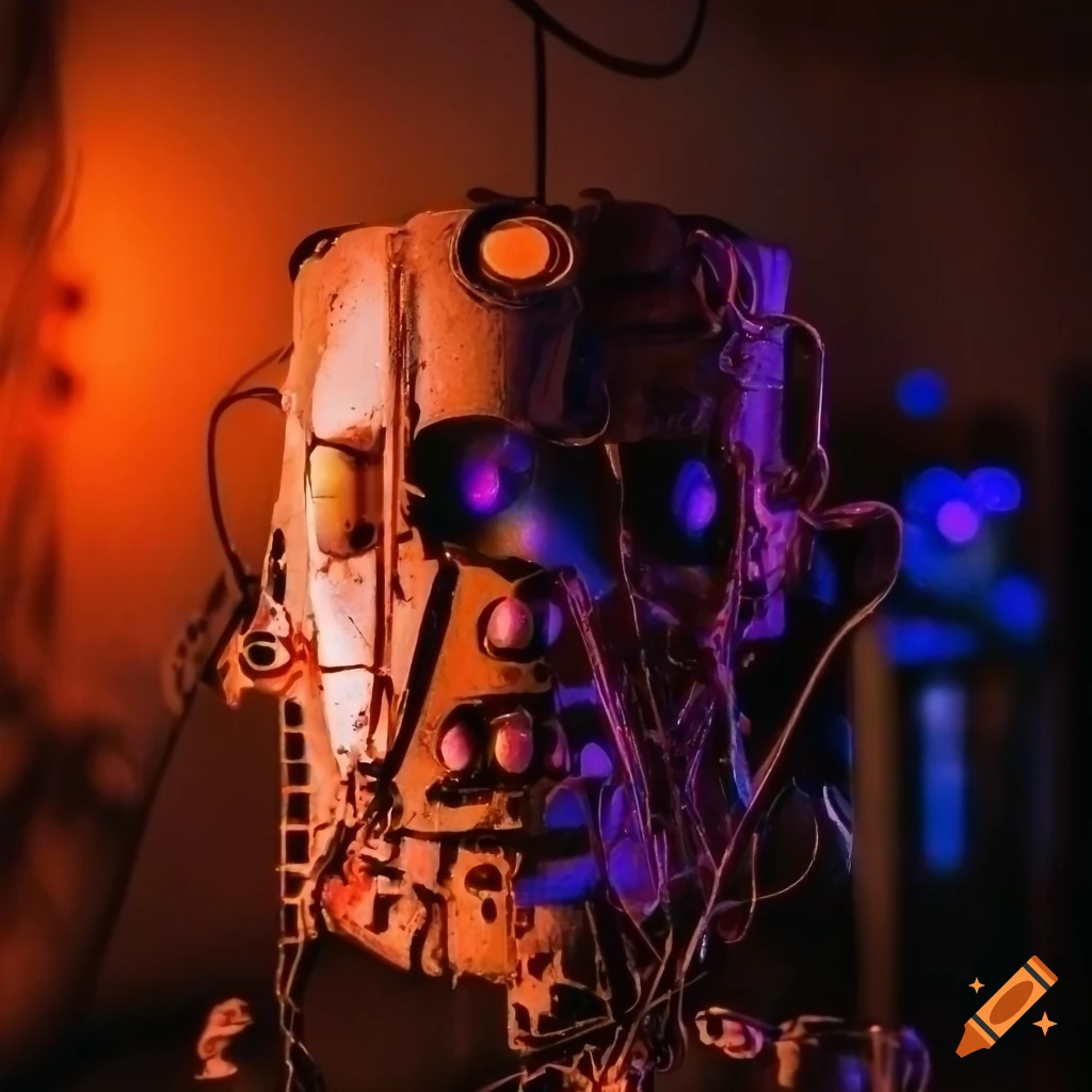 Neon rusted robot face with tubes and wires on Craiyon