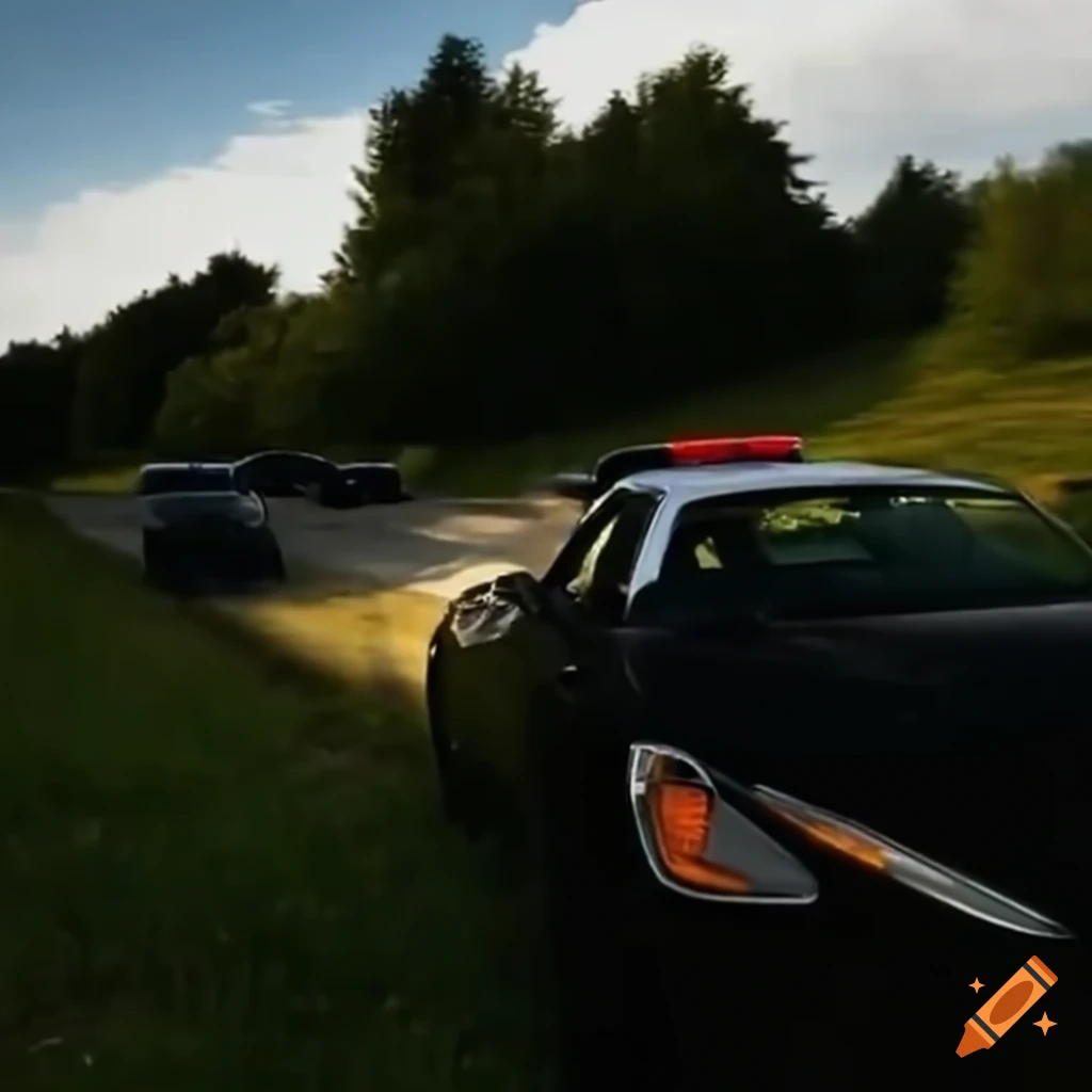 Muscle cars and police vehicles in a high-speed chase on Craiyon