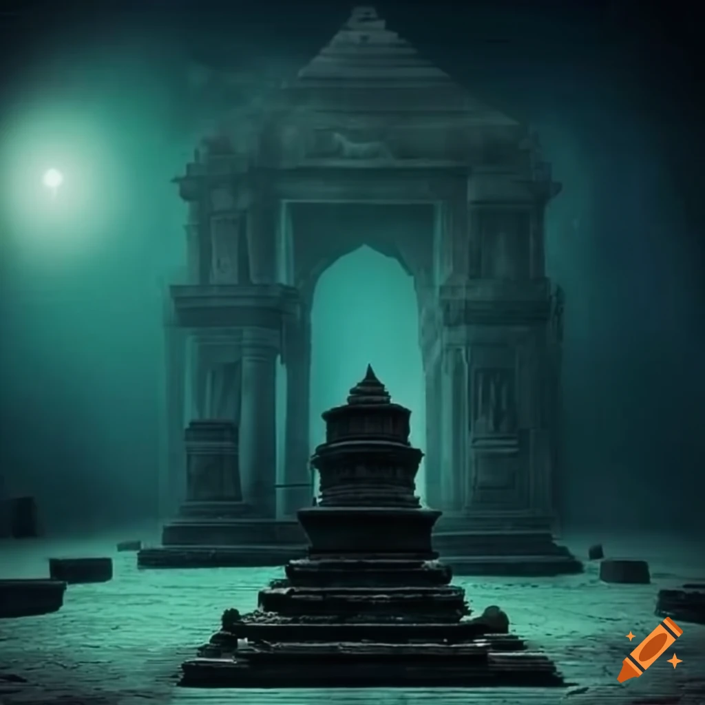 Mysterious temple with shadows and lights on Craiyon