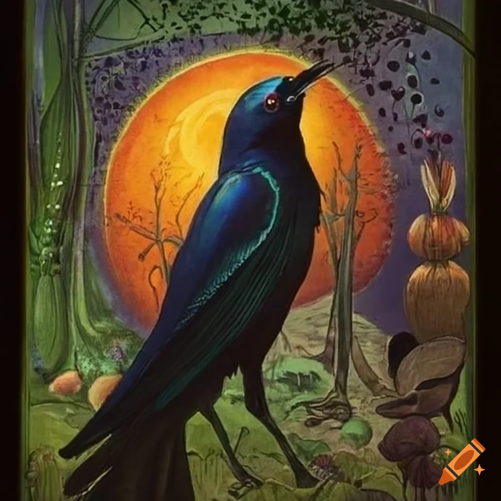 Illustration of a mysterious raven with a peacock feather cloak on Craiyon