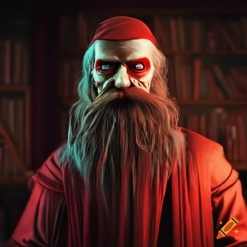 Image of an old cultist in a red robe with glowing eyes in a library on ...