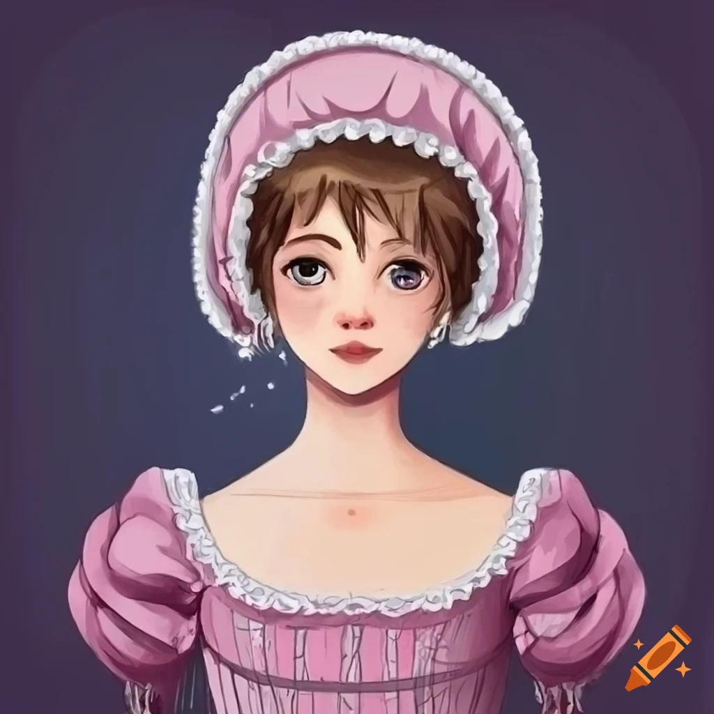 Cartoon of a fashionable lady in a regency bonnet on Craiyon