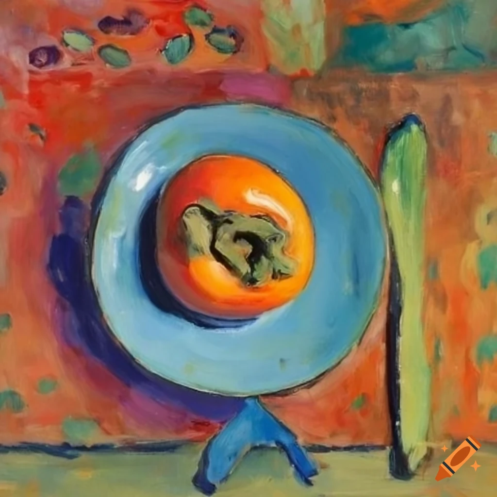 Vibrant still life artwork of a persimmon in a blue plate on Craiyon