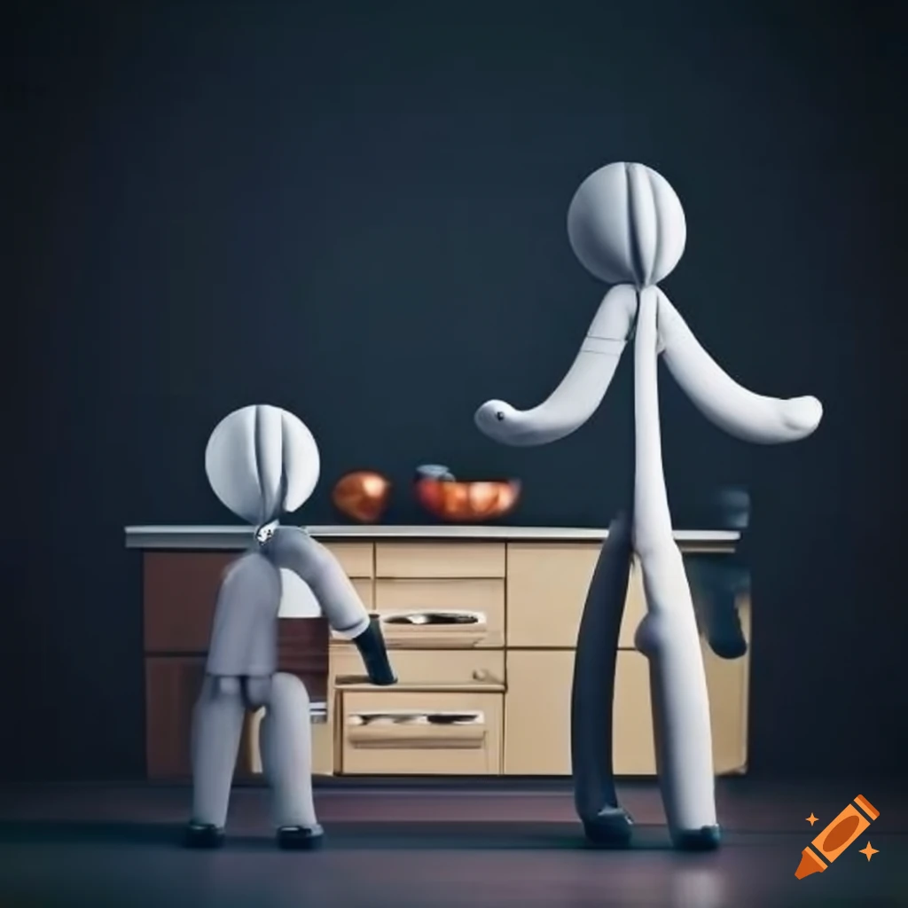 Funny stick figures in the kitchen