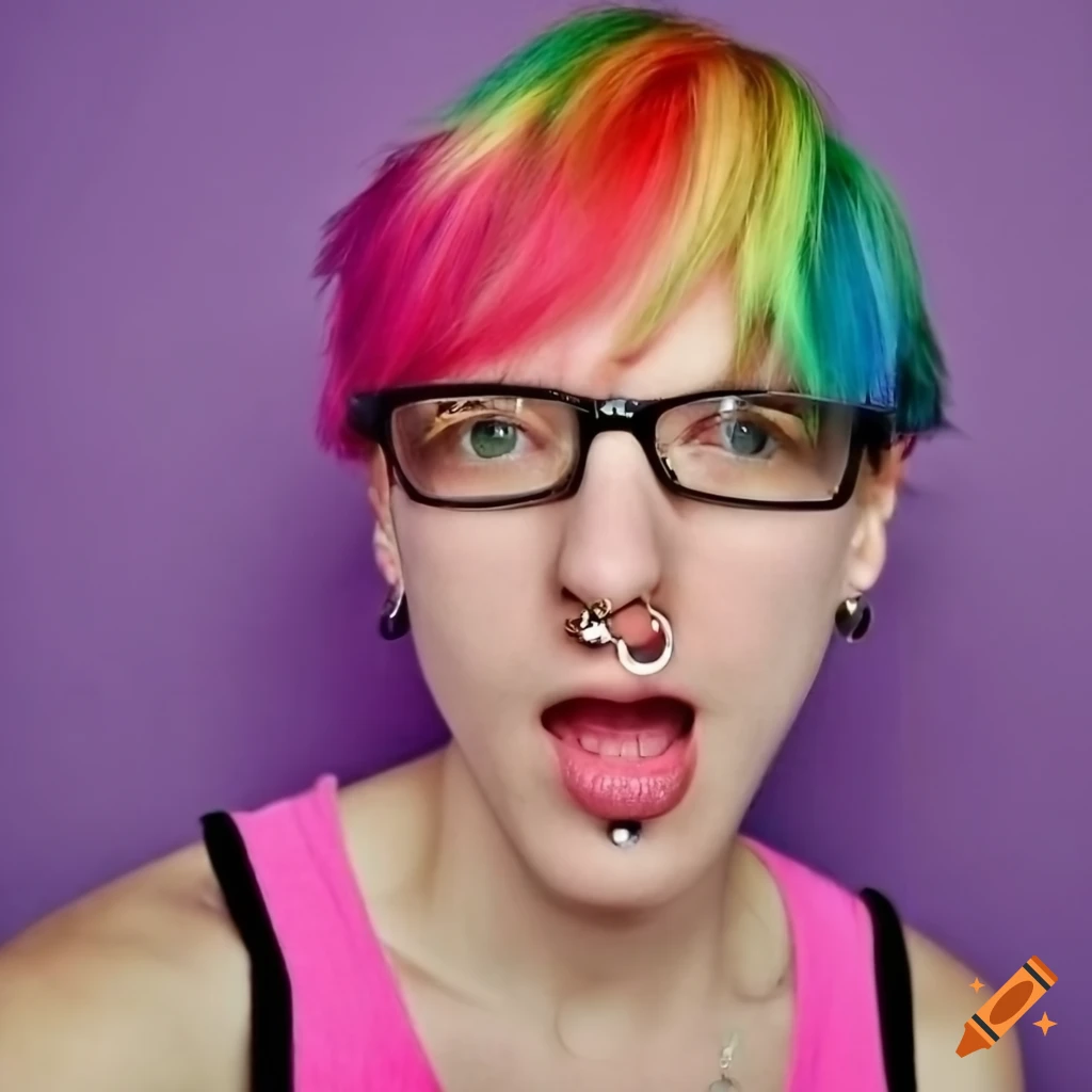Colorful character with long rainbow hair and piercings on Craiyon
