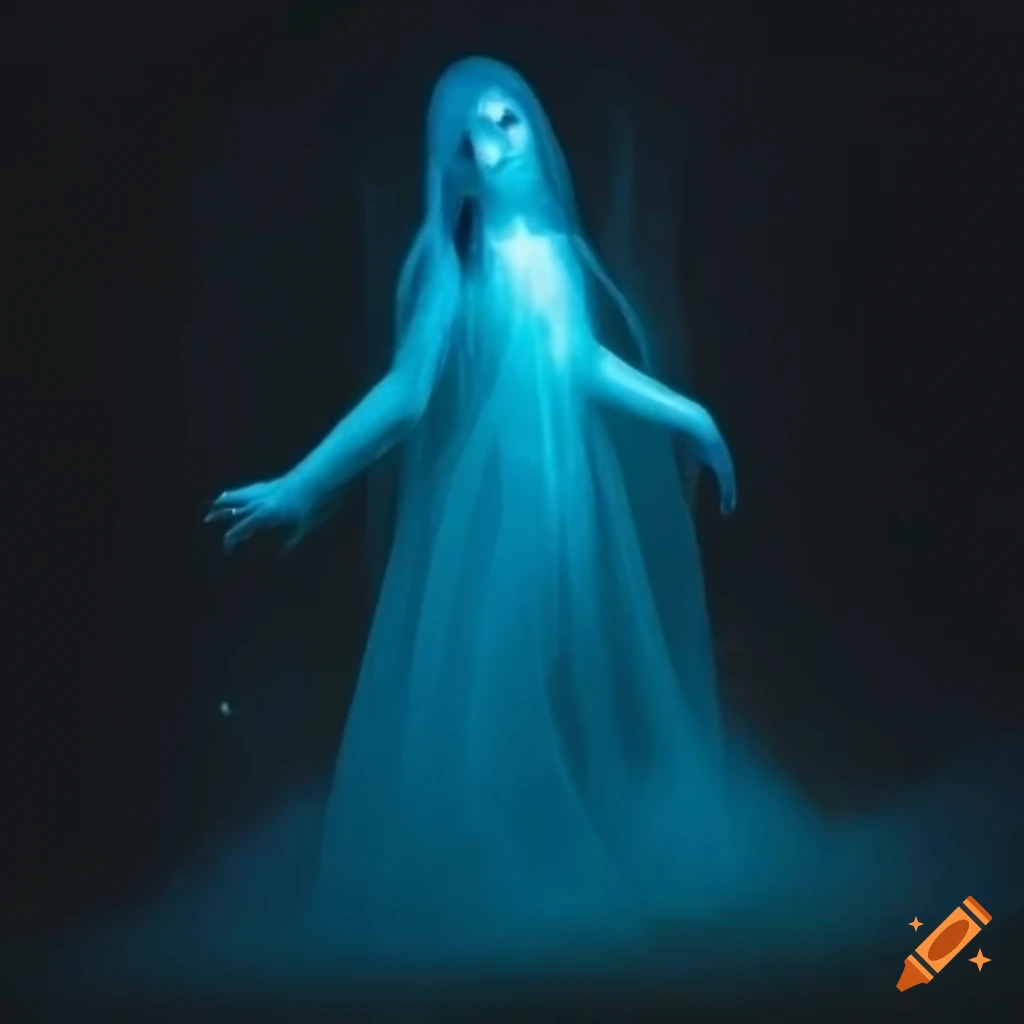Digital artwork of a transparent blue ghost girl in a dark forest on ...