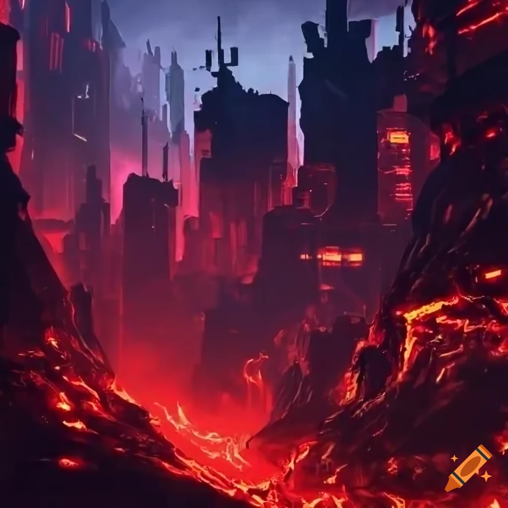 Cyberpunk city with dark red lava flowing through the streets on Craiyon