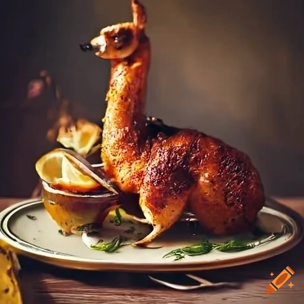 Vintage cookbook page of whole roasted llama on Craiyon