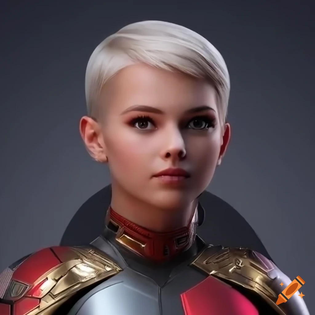 Portrait of a futuristic teen female with red and gold armor on Craiyon